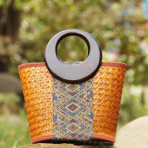 QTKJ Straw Beach Bag for Women, Summer Handmade Rattan Tote Bag, Round Wooden Handle, Boho Retro Straw Woven Handbag, Large Beach Bag for Vacation (Yellow)