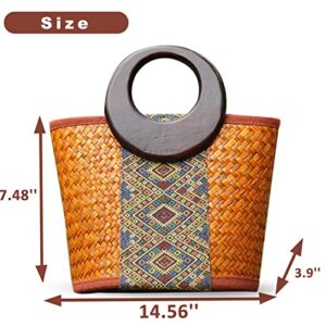 QTKJ Straw Beach Bag for Women, Summer Handmade Rattan Tote Bag, Round Wooden Handle, Boho Retro Straw Woven Handbag, Large Beach Bag for Vacation (Yellow)