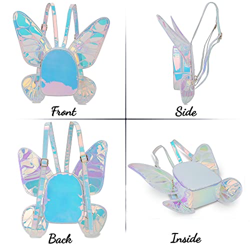 ENJOININ Women's Laser Holographic Backpack Butterfly Angel Wings Casual Daypack Shoulder Bag (Laser Light Blue)