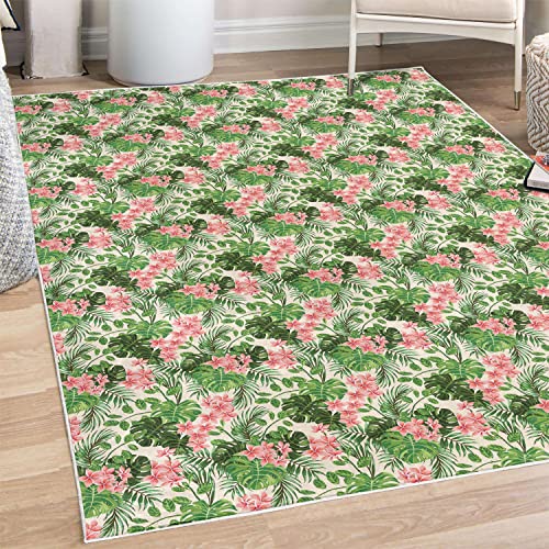 Lunarable Floral Decorative Area Rug, Exotic Pattern Tropical Palm Leaves Flowers Hawaii Inspired Jungle Illustration, Quality Carpet for Bedroom Dorm Living Room, 4' X 5' 5", Pine Cream Pink