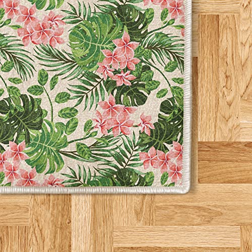 Lunarable Floral Decorative Area Rug, Exotic Pattern Tropical Palm Leaves Flowers Hawaii Inspired Jungle Illustration, Quality Carpet for Bedroom Dorm Living Room, 4' X 5' 5", Pine Cream Pink