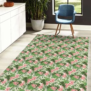 Lunarable Floral Decorative Area Rug, Exotic Pattern Tropical Palm Leaves Flowers Hawaii Inspired Jungle Illustration, Quality Carpet for Bedroom Dorm Living Room, 4' X 5' 5", Pine Cream Pink