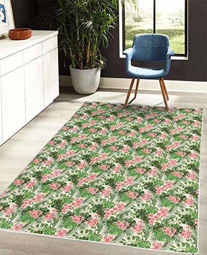 Lunarable Floral Decorative Area Rug, Exotic Pattern Tropical Palm Leaves Flowers Hawaii Inspired Jungle Illustration, Quality Carpet for Bedroom Dorm Living Room, 4' X 5' 5", Pine Cream Pink