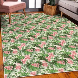 Lunarable Floral Decorative Area Rug, Exotic Pattern Tropical Palm Leaves Flowers Hawaii Inspired Jungle Illustration, Quality Carpet for Bedroom Dorm Living Room, 4' X 5' 5", Pine Cream Pink