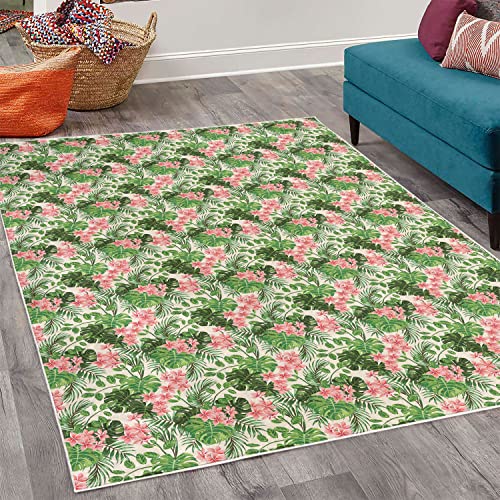 Lunarable Floral Decorative Area Rug, Exotic Pattern Tropical Palm Leaves Flowers Hawaii Inspired Jungle Illustration, Quality Carpet for Bedroom Dorm Living Room, 4' X 5' 5", Pine Cream Pink