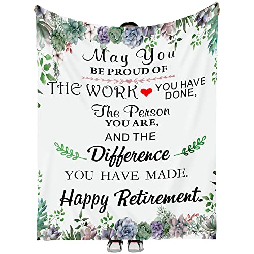 Happy Retirement Gifts for Women Men Blanket 60 x 50 Inches Retired Throw Blankets Flannel Blanket Retirement Gifts Lightweight Shaggy Blankets Home Decor for Nurse Coworker Bedding (Succulents)