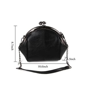 Oweisong Vintage Kiss Lock Top Handle Handbags for Women Retro Leather Shell Satchel Purse Tote Crossbody Shoulder Bags