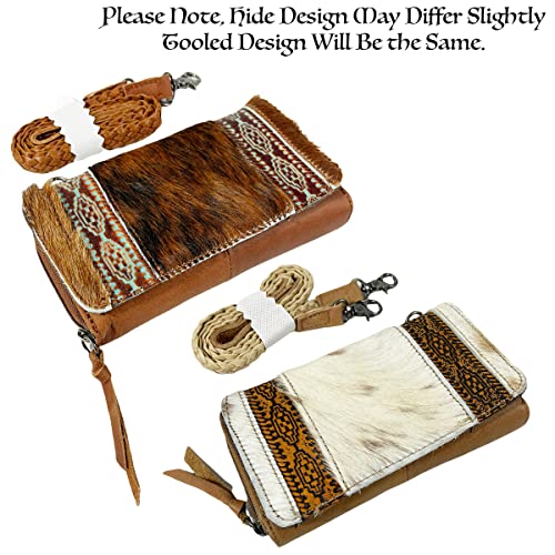 Urbalabs Cowhair Urbalabs Cowhair Genuine Leather Western Wallets Tri Fold Pouch Clutch Bag Purse Cell Phone Holder Wallet Hand Stitched (Light Brown)