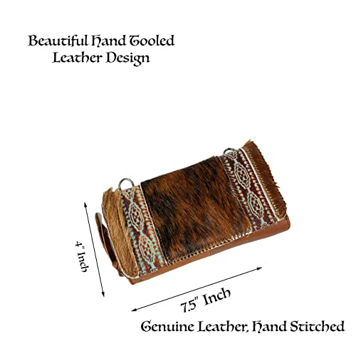 Urbalabs Cowhair Urbalabs Cowhair Genuine Leather Western Wallets Tri Fold Pouch Clutch Bag Purse Cell Phone Holder Wallet Hand Stitched (Light Brown)