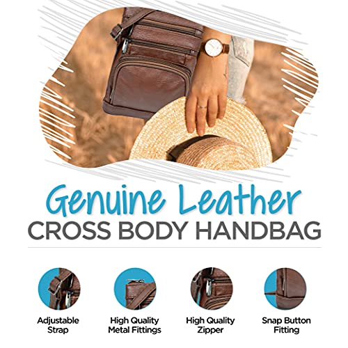 Genuine Leather Cross Body Handbag - Women Messenger Bag with Passport and Vaccine Card Holder (Coffee)