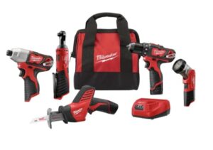 milwaukee m12 12-volt lithium-ion cordless combo kit (5-tool) with two 1.5 ah batteries, charger and tool bag