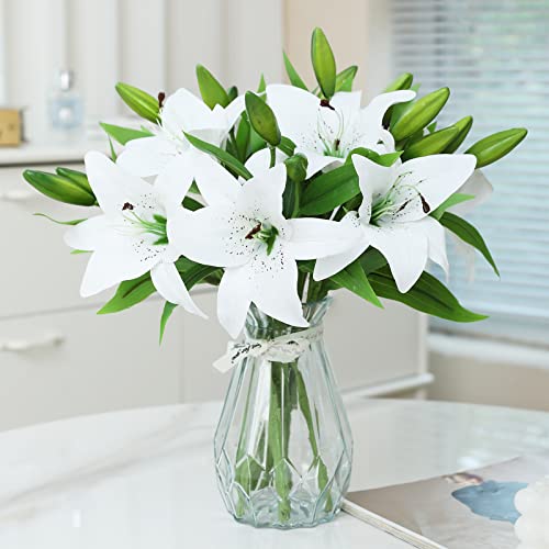 Hananona 8 Pcs Artificial Tiger Lily Real Touch Lily Easter Lily Fake Flowers for Wedding Home Party Easter Decoration Plastic Lily Faux Flowers (White, 8)