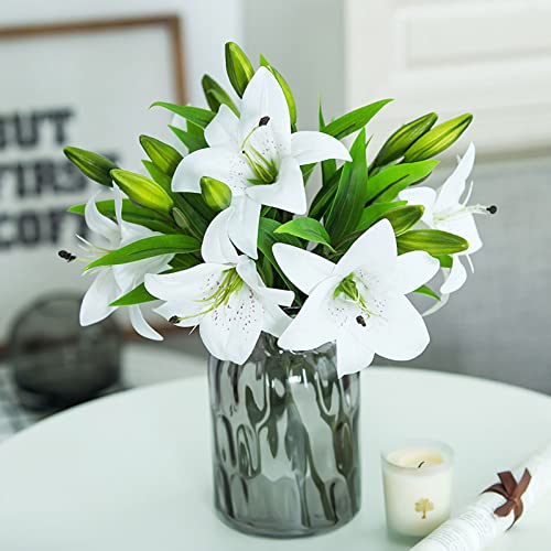 Hananona 8 Pcs Artificial Tiger Lily Real Touch Lily Easter Lily Fake Flowers for Wedding Home Party Easter Decoration Plastic Lily Faux Flowers (White, 8)