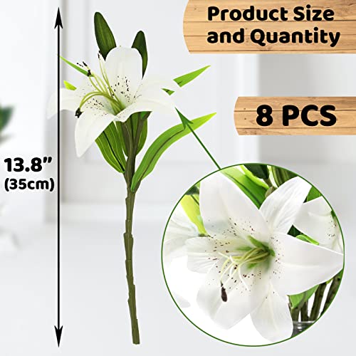 Hananona 8 Pcs Artificial Tiger Lily Real Touch Lily Easter Lily Fake Flowers for Wedding Home Party Easter Decoration Plastic Lily Faux Flowers (White, 8)