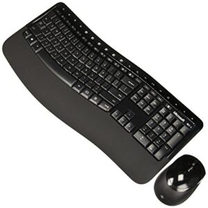 microsoft wireless comfort desktop 5050 – black. wireless, ergonomic keyboard and mouse combo. built-in palm rest and comfort curve design. customizable windows shortcut keys