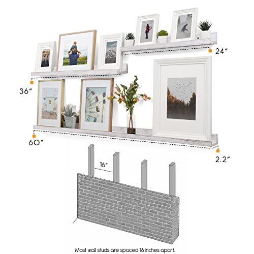 Rustic State Ted Narrow Wall Mounted Wooden Picture Ledge Photo Display Floating Shelf for Living Room Kitchen Bedroom Bathroom - Set of 6 with Varity Sizes 60 & 36 & 24 Inch - Burnt White