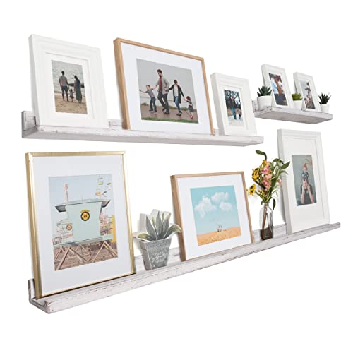 Rustic State Ted Narrow Wall Mounted Wooden Picture Ledge Photo Display Floating Shelf for Living Room Kitchen Bedroom Bathroom - Set of 6 with Varity Sizes 60 & 36 & 24 Inch - Burnt White