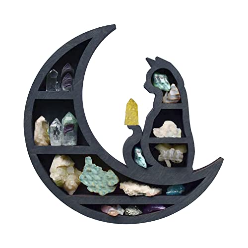 Xiibuum Cat on The Moon Crystal Wood Shelf, Wooden Moon Shelf Black Cat Design, Gothic Witchy Room Decorative for Living,Dinning Room,Bed Room,Bath Room and Kids Room（A）