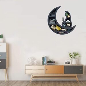 Xiibuum Cat on The Moon Crystal Wood Shelf, Wooden Moon Shelf Black Cat Design, Gothic Witchy Room Decorative for Living,Dinning Room,Bed Room,Bath Room and Kids Room（A）