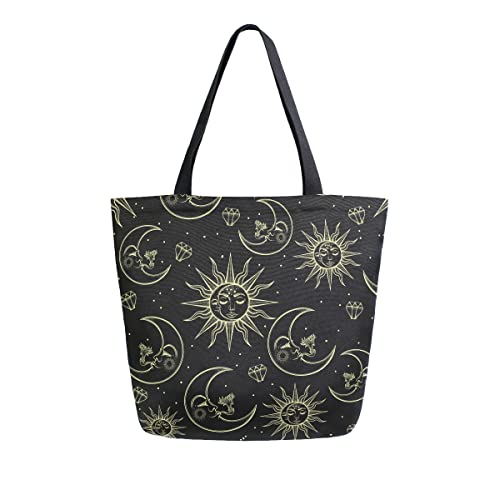 ALAZA Witchy Sun Moon Stars Large Canvas Tote Bag Shopping Shoulder Handbag with Small Zippered Pocket