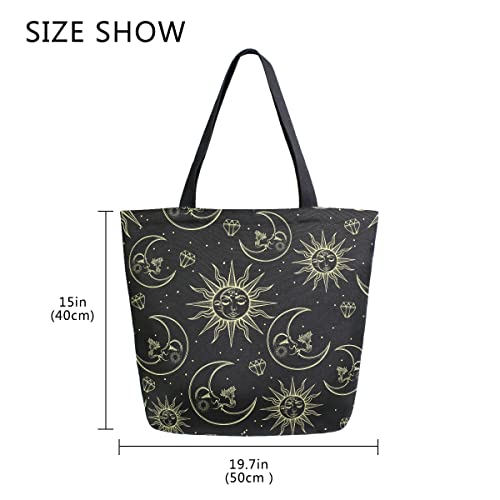 ALAZA Witchy Sun Moon Stars Large Canvas Tote Bag Shopping Shoulder Handbag with Small Zippered Pocket