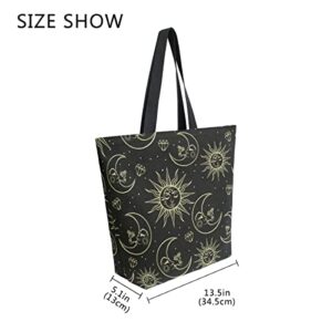 ALAZA Witchy Sun Moon Stars Large Canvas Tote Bag Shopping Shoulder Handbag with Small Zippered Pocket