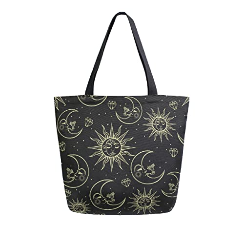 ALAZA Witchy Sun Moon Stars Large Canvas Tote Bag Shopping Shoulder Handbag with Small Zippered Pocket