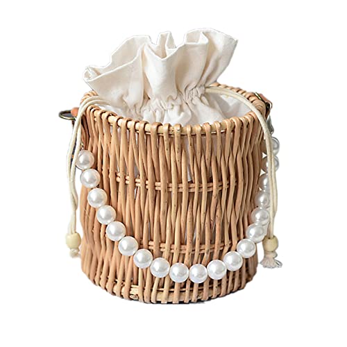 Mokyler Pearl Rattan Handbag Beach Rattan Bag, Cute Handwoven Straw Pearl Handle Brown Basket Wedding Flower Girl Baskets White Polyester Insert Portable Storage Basket for Party Decor, 5.9x5.9 inch