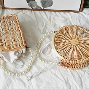 Mokyler Pearl Rattan Handbag Beach Rattan Bag, Cute Handwoven Straw Pearl Handle Brown Basket Wedding Flower Girl Baskets White Polyester Insert Portable Storage Basket for Party Decor, 5.9x5.9 inch