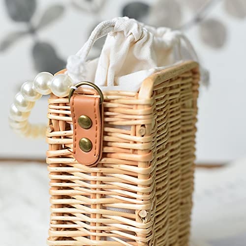 Mokyler Pearl Rattan Handbag Beach Rattan Bag, Cute Handwoven Straw Pearl Handle Brown Basket Wedding Flower Girl Baskets White Polyester Insert Portable Storage Basket for Party Decor, 5.9x5.9 inch