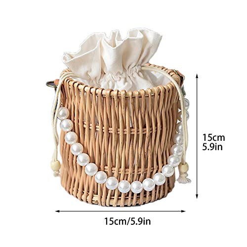 Mokyler Pearl Rattan Handbag Beach Rattan Bag, Cute Handwoven Straw Pearl Handle Brown Basket Wedding Flower Girl Baskets White Polyester Insert Portable Storage Basket for Party Decor, 5.9x5.9 inch