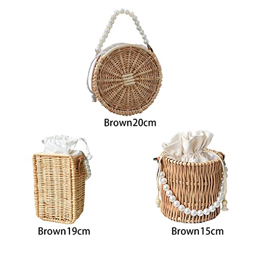 Mokyler Pearl Rattan Handbag Beach Rattan Bag, Cute Handwoven Straw Pearl Handle Brown Basket Wedding Flower Girl Baskets White Polyester Insert Portable Storage Basket for Party Decor, 5.9x5.9 inch