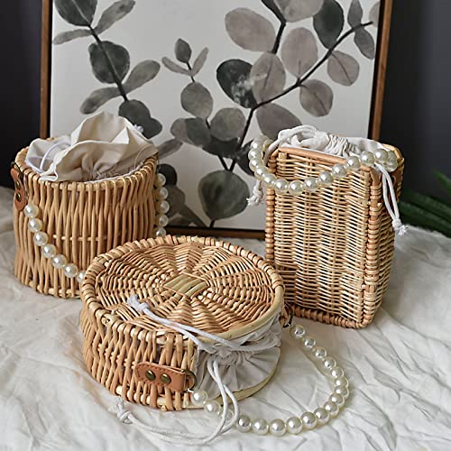 Mokyler Pearl Rattan Handbag Beach Rattan Bag, Cute Handwoven Straw Pearl Handle Brown Basket Wedding Flower Girl Baskets White Polyester Insert Portable Storage Basket for Party Decor, 5.9x5.9 inch