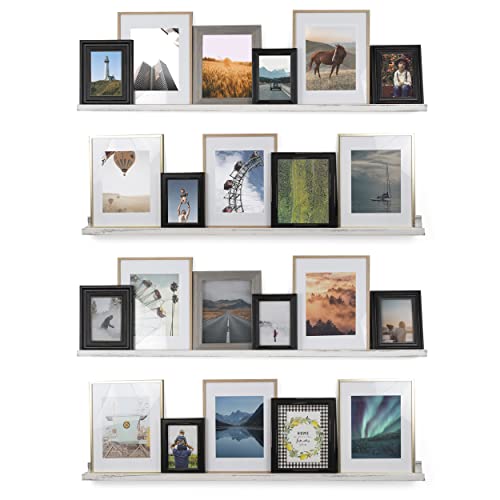 Rustic State Ted Wall Mount Narrow Picture Ledge Shelf Photo Frame Display - 52 Inch Floating Wooden Shelf for Living Room Office Kitchen Bedroom Bathroom Décor - Set of 4 - Burnt White