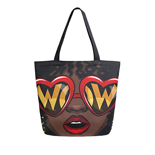 ALAZA Afro African American Woman Large Canvas Tote Bag Shopping Shoulder Handbag with Small Zippered Pocket