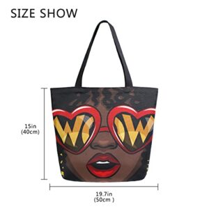 ALAZA Afro African American Woman Large Canvas Tote Bag Shopping Shoulder Handbag with Small Zippered Pocket