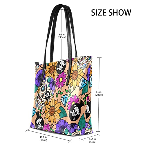 MNSRUU Tote Bag for Women Sugar Skulls Shoulder Bag Big Capacity PU Leather Handbag