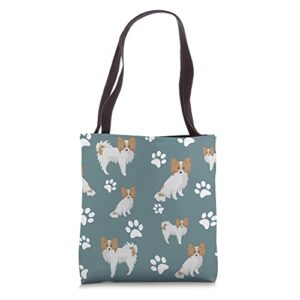 papillon dogs pattern design with paw prints tote bag