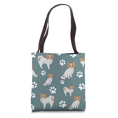 Papillon Dogs Pattern Design with Paw Prints Tote Bag