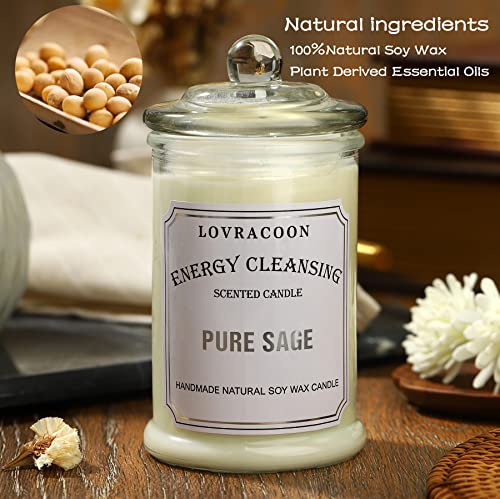 Lovracoon Pure Sage Smudge & Long Lasting Burning Jar Candle for House Energy Cleansing, Negative Energy Purification and Chakra Healing, Natural Soy Wax Jar Candle with Gift Box（White Sage,Large）