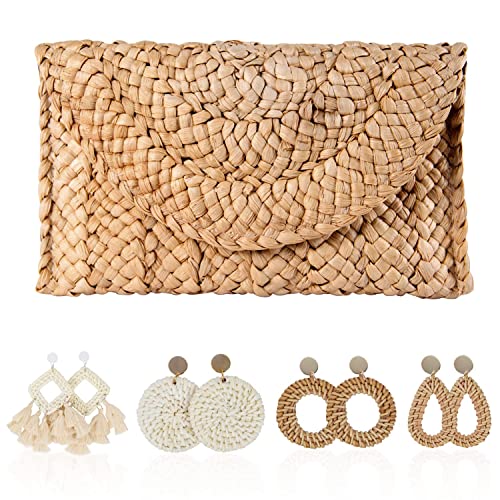 LUI SUI Women's Straw Clutch Purse Summer Purse Bags Woven Straw Shoulder Bags Beach Clutch Purse with Straw Earrings Set