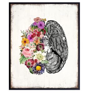 flower brain wall art & decor – vintage human anatomy poster 8×10 – rustic boho shabby chic modern home decor for bedroom bathroom living room – bohemian gift for women – unframed