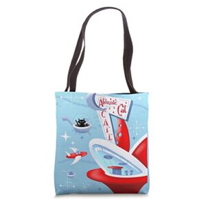 atomic cat cafe retro mid-century modern space hangout tote bag