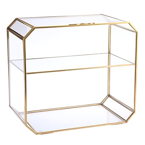 ELLDOO 2 Tier Clear Glass Storage Box, Gold Jewelry Makeup Organizer Box, Decorative Tower Box Display Case for Collectibles Trinket Perfume Lipstick Figure Toy