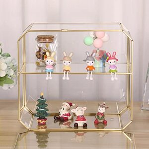 ELLDOO 2 Tier Clear Glass Storage Box, Gold Jewelry Makeup Organizer Box, Decorative Tower Box Display Case for Collectibles Trinket Perfume Lipstick Figure Toy