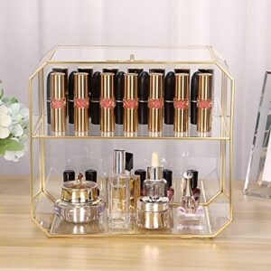 ELLDOO 2 Tier Clear Glass Storage Box, Gold Jewelry Makeup Organizer Box, Decorative Tower Box Display Case for Collectibles Trinket Perfume Lipstick Figure Toy