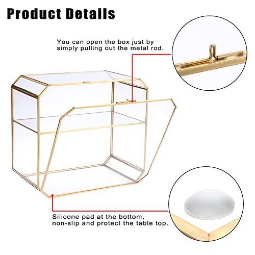 ELLDOO 2 Tier Clear Glass Storage Box, Gold Jewelry Makeup Organizer Box, Decorative Tower Box Display Case for Collectibles Trinket Perfume Lipstick Figure Toy