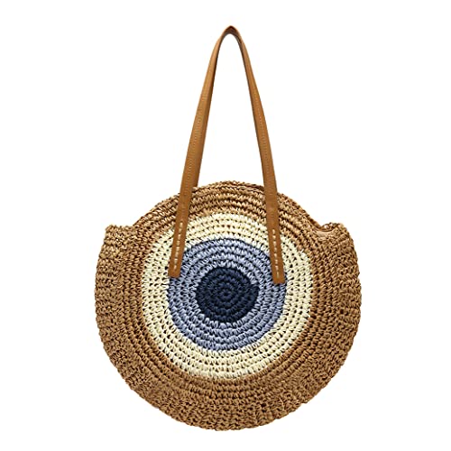 JBR Large Round Straw Bag Woven Shoulder Bag Tote Crossbody Bags Women Handwoven Handbags (Blue Eyes)