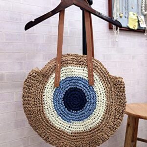 JBR Large Round Straw Bag Woven Shoulder Bag Tote Crossbody Bags Women Handwoven Handbags (Blue Eyes)