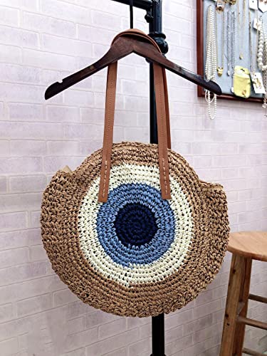 JBR Large Round Straw Bag Woven Shoulder Bag Tote Crossbody Bags Women Handwoven Handbags (Blue Eyes)